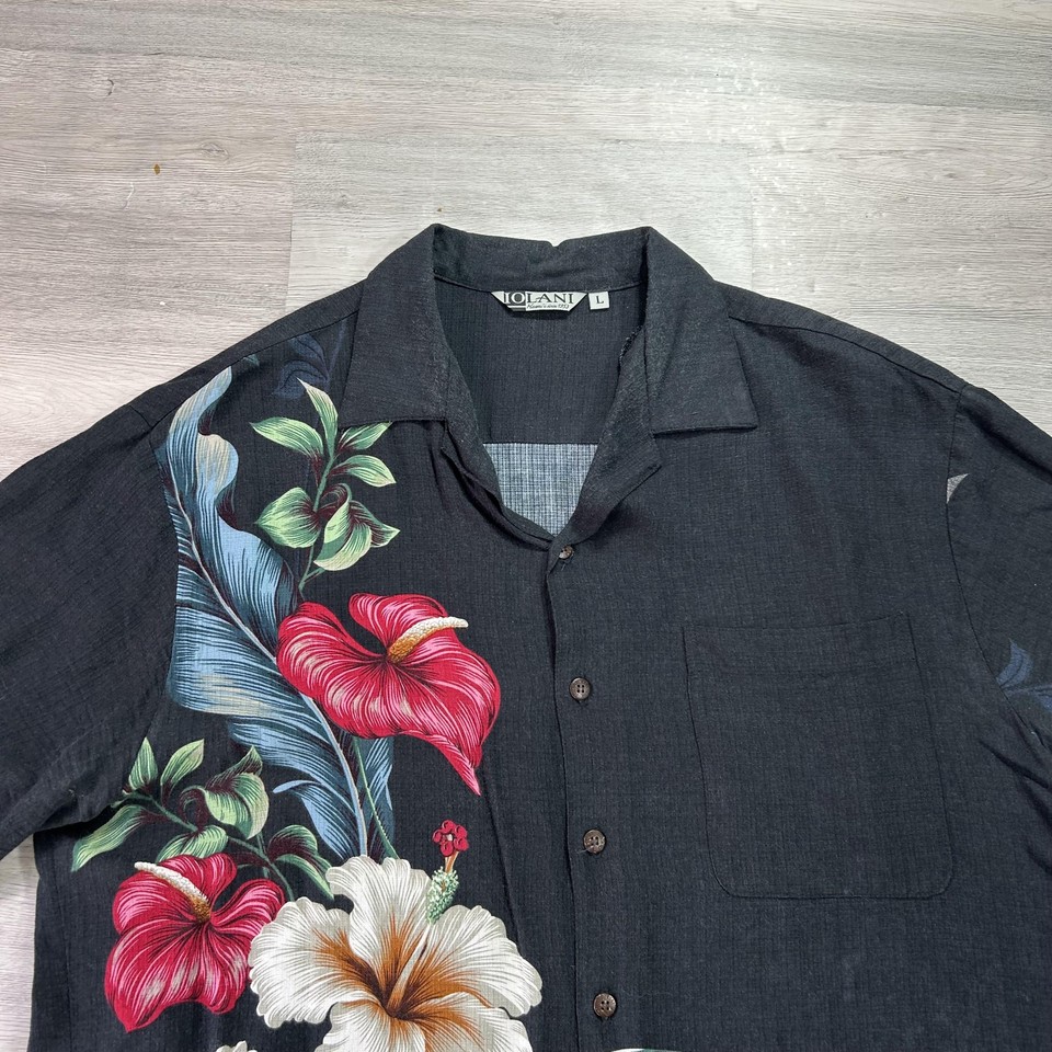 Iolani Shirt Mens Large Black Floral Hawaiian Short Sleeve Button Up ...