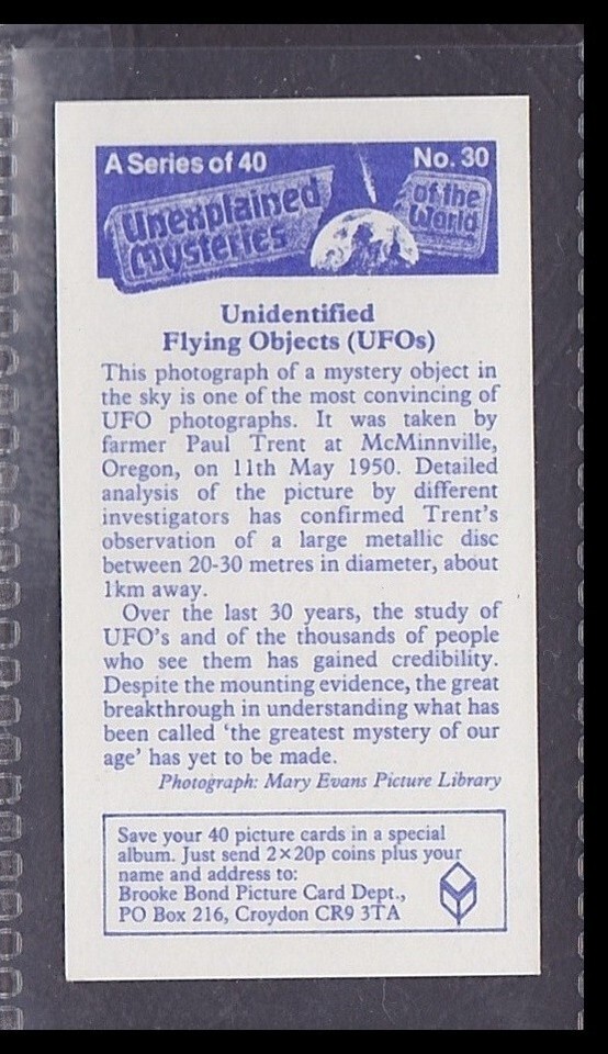 UNIDENTIFIED FLYING OBJECTS (UFOS) - 35 + year old English Trade Card ...