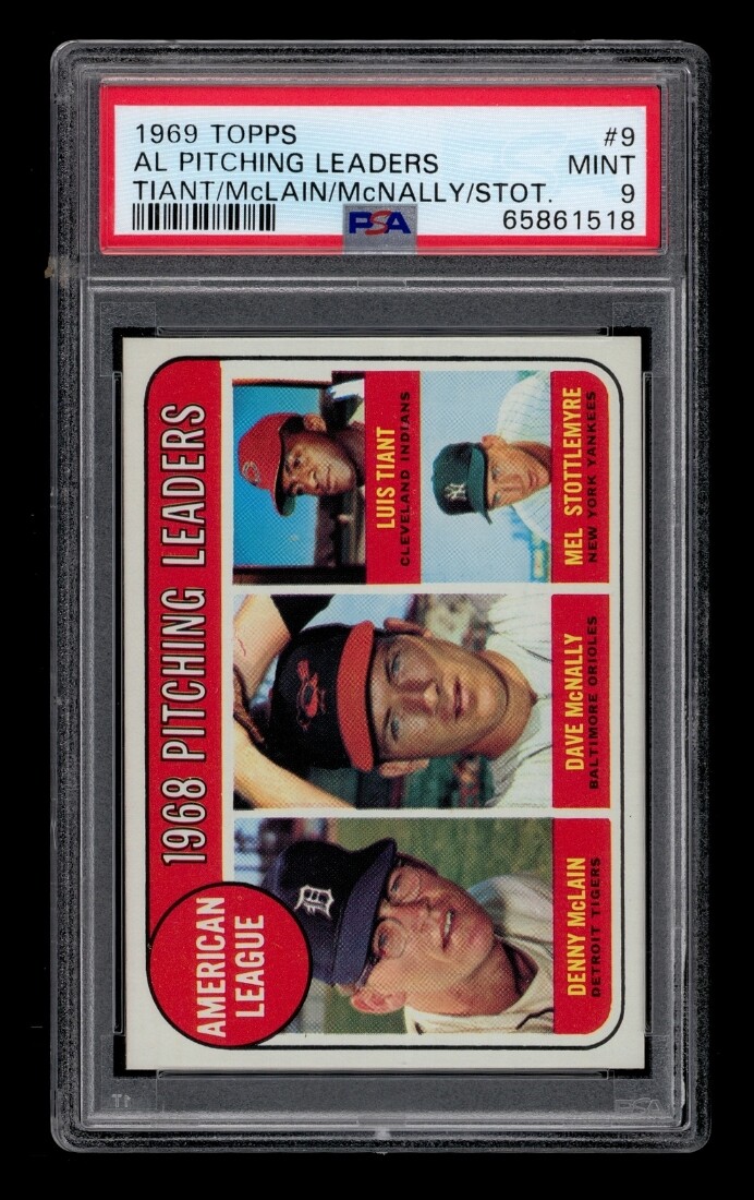 1969 Topps # 9 Al Pitching Leaders Tiant, McLain, McNally, Stot. PSA 9 ...