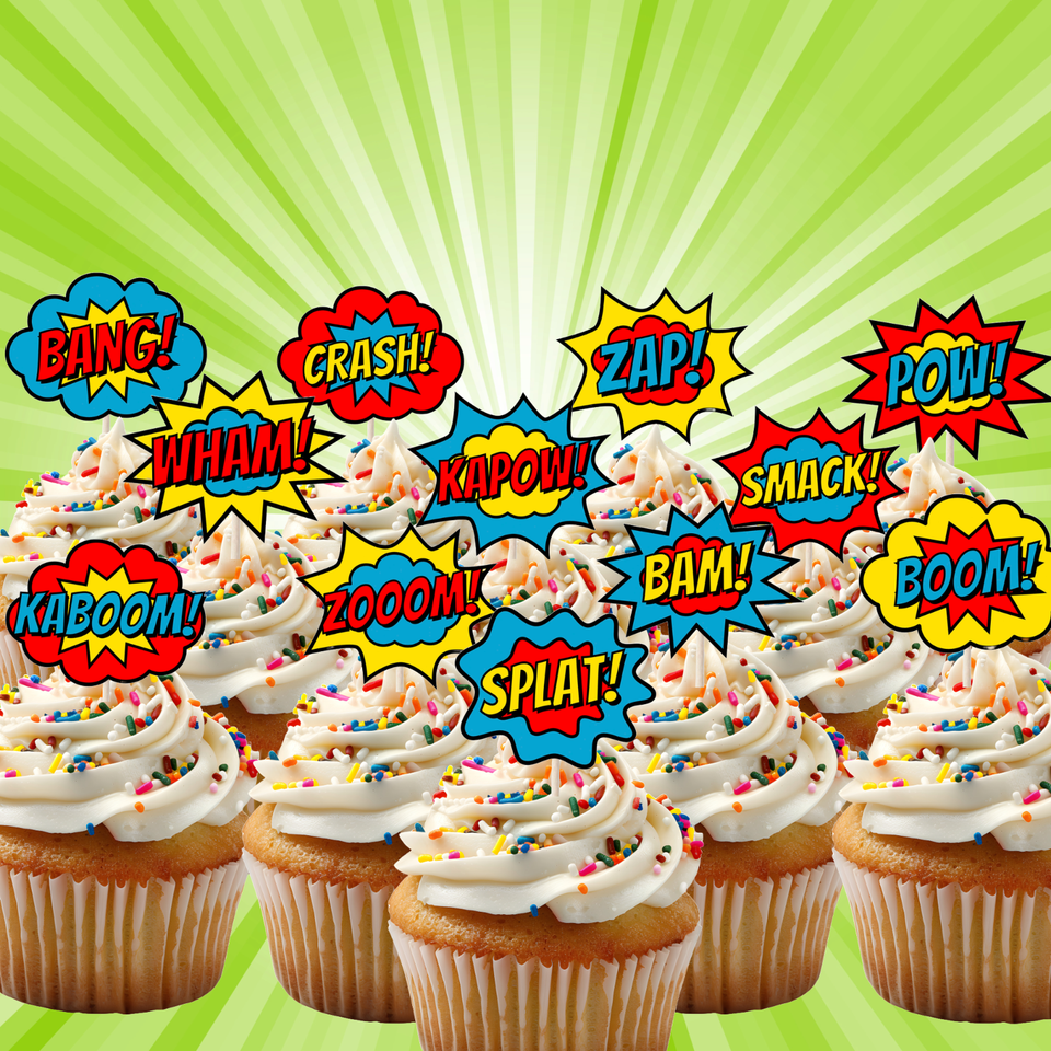 Comic Book Signs Cupcake Toppers 12 Pack Superhero Cake Decorating ...