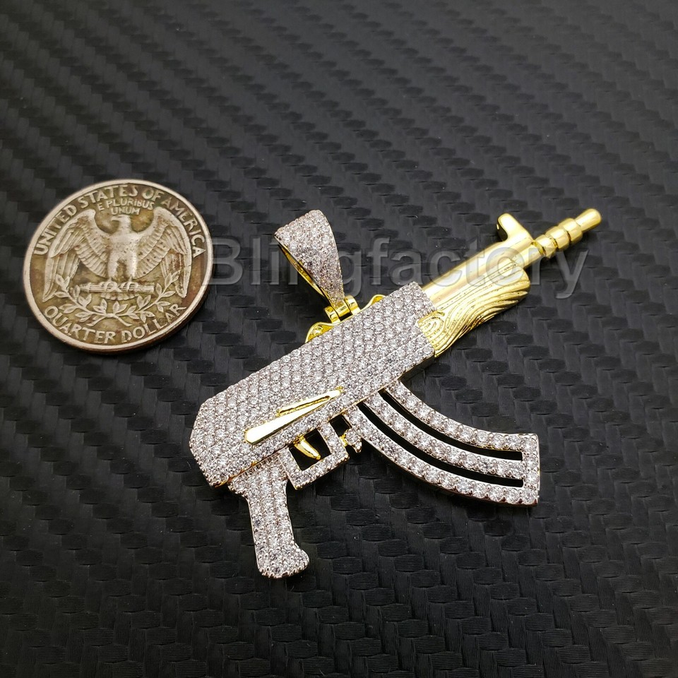HIP HOP ICED GOLD PT BRASS BLING BUST DOWN MACHINE GUN CHARM PENDANT ...