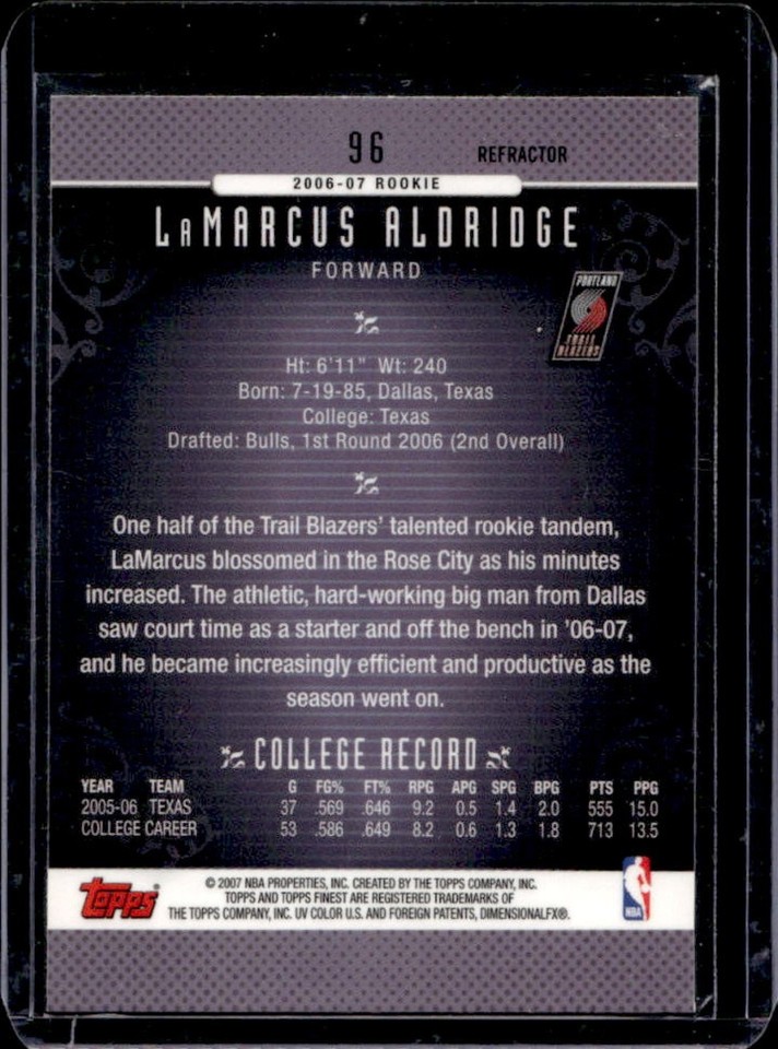 2006-07 Finest LaMarcus Aldridge Refractor Rookie RC #96 Trail Blazers ...