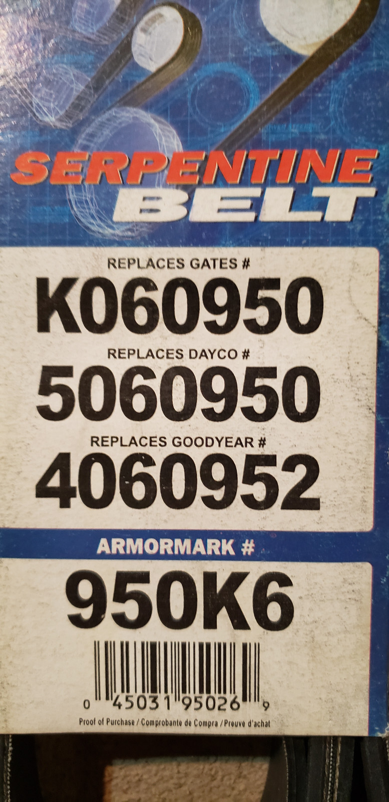 950K6 ARMOR MARK/CADNA SERPENTINE BELT (6PK2415, 5060950, K060950 ...