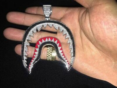 60mm 925 Sterling Silver Fully Icey Flooded Shark Pendant | eBay