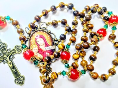 Antiqued Genuine Tiger Eye Candy Cane Red Jade Mary Cameo Angel Rosary ...