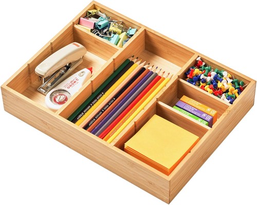 Desk Drawer Organizer Bamboo Wood Organizer Tray W/ Adjustable ...