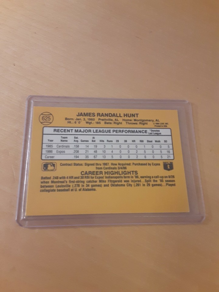 1987 Donruss #625 RANDY HUNT Montreal Expos Baseball Card, Catcher ...