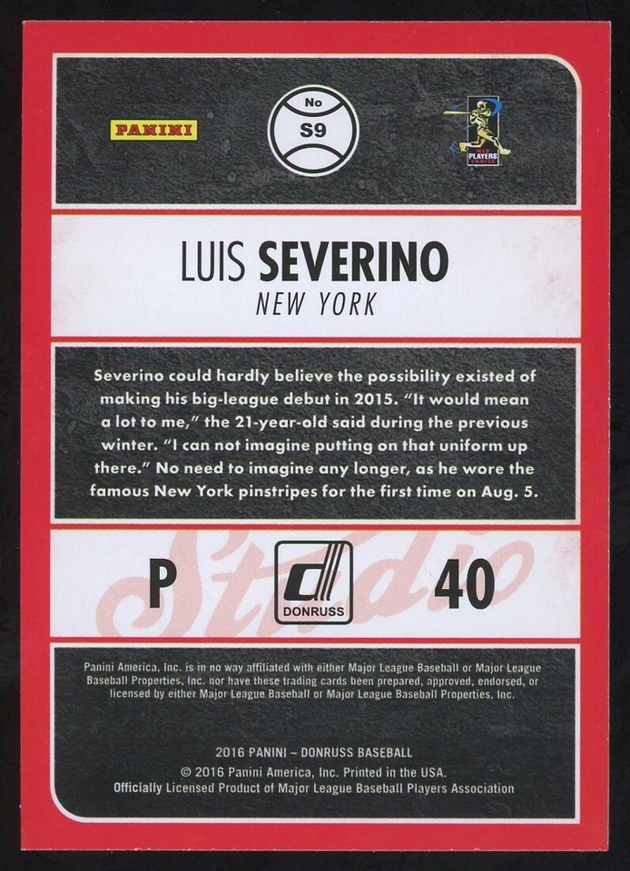 2016 Donruss Luis Severino Rookie Studio Set Insert New York Yankees RC ...