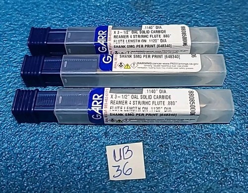 GARR .1140" DIA. X 3-1/2" OAL SOLID CARBIDE REAMER 4 STR/RHC FLUTE 3 ...