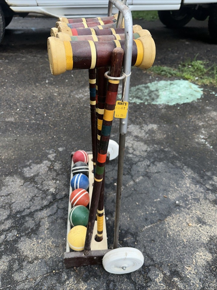 Vintage Rolling Metal Wood Croquet Set with Stand - 6 Players - Made In ...