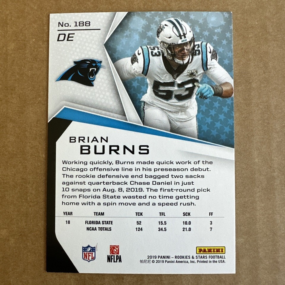 Brian Burns Rookie Card RC 2019 Panini Rookies & Stars Panthers Giants ...