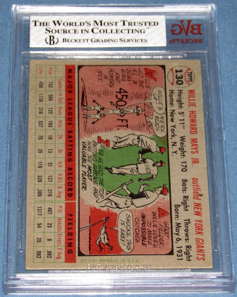 WILLIE MAYS: 1956 Topps Baseball Card; #130; BVG 5.5 Excellent+; 5, 6 ...