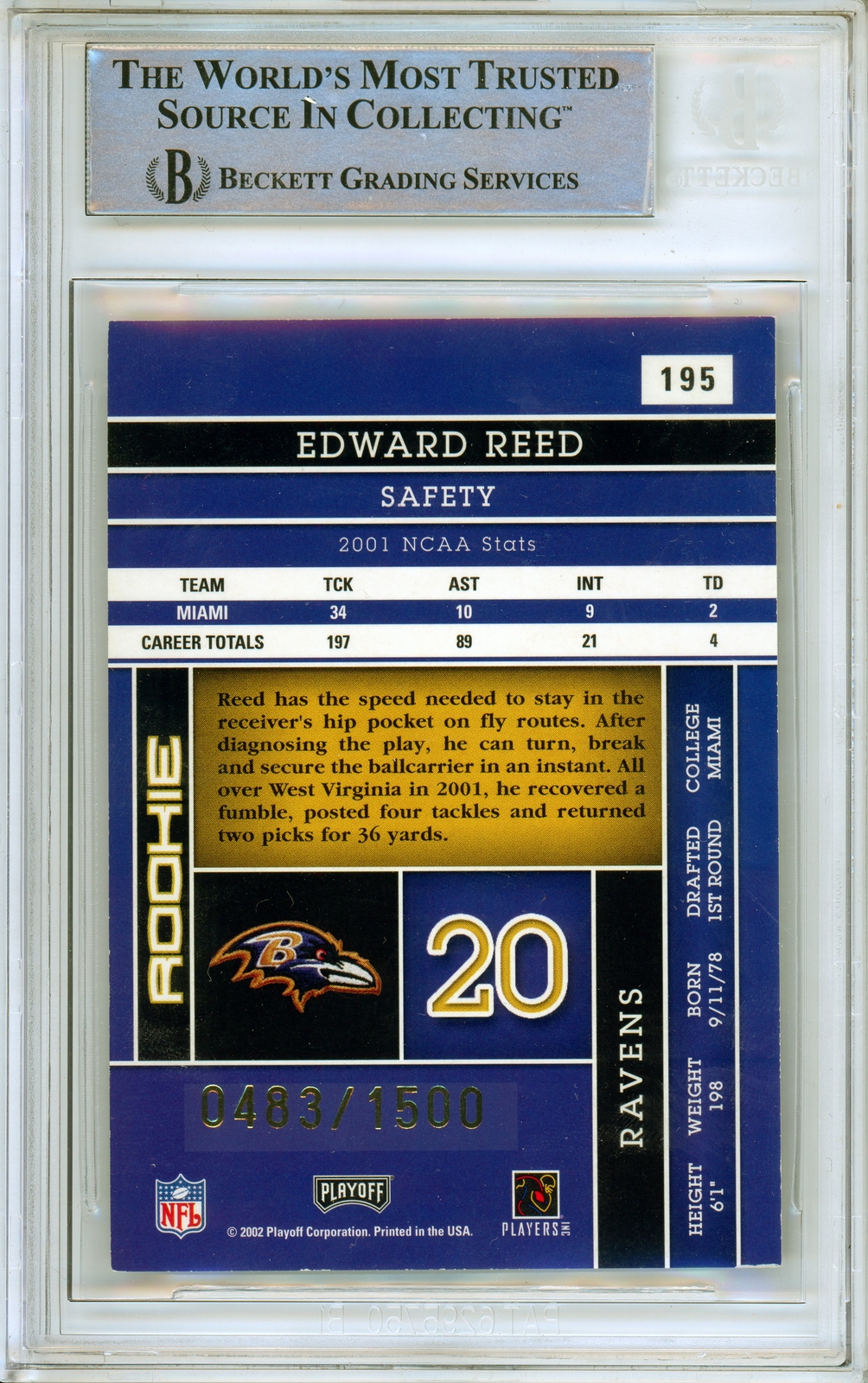2002 Playoff Absolute Memorabilia - #195 Ed Reed /1500 (RC) for sale ...
