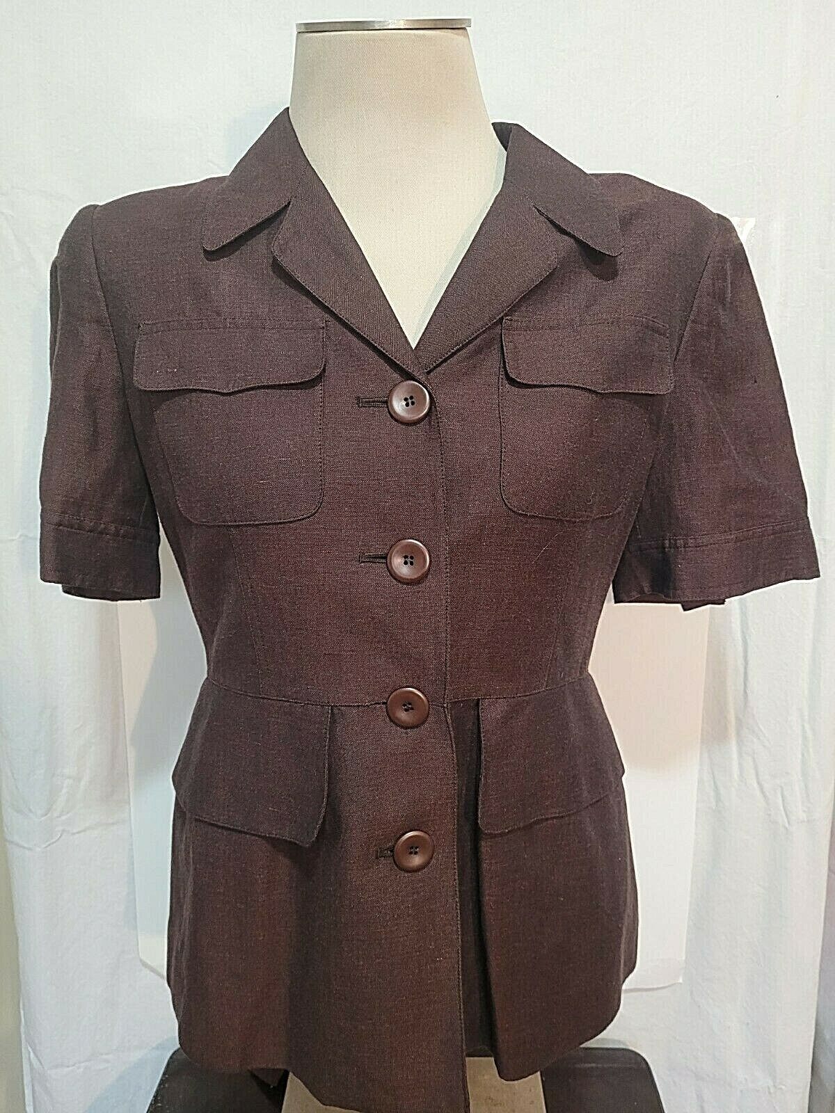 Womens Brown Short Sleeve Button Front Collar Blazer … - Gem