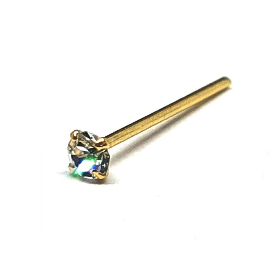 Gold Nose Stud 9ct 9k 2mm Clear CZ Claw Set 22g (0.6mm) L Bendable Pin ...