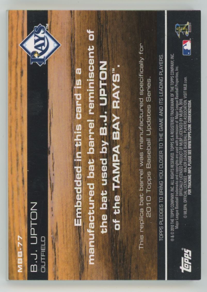 B.J. Upton 2010 Topps Update Manufactured Bat Barrel /99 #MBB-77 Tampa ...