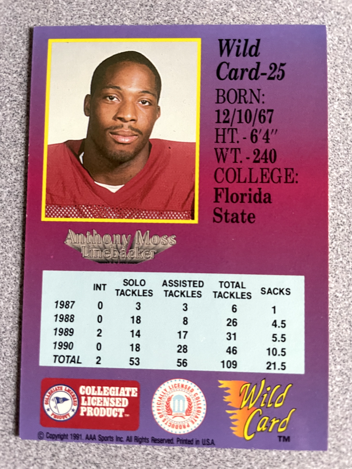 1991 Wild Card Draft Anthony Moss 20 Stripe Parallel Card #25 Florida ...