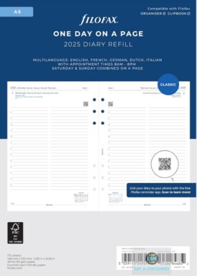 Filofax 2025 A5 Diary - One Day On A Page - Classic Appointment Refill ...