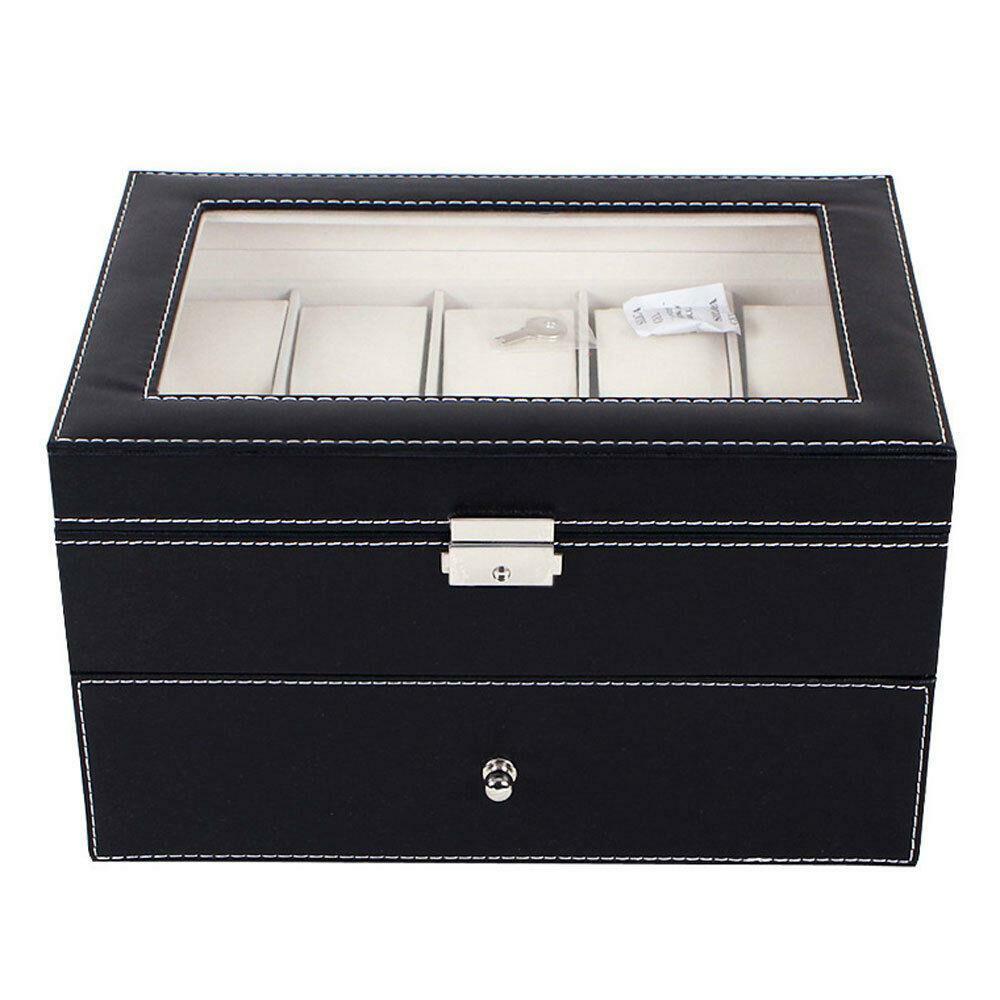 20 Slot Watch Box Leather Display Case Organizer Top Glass Jewelry ...