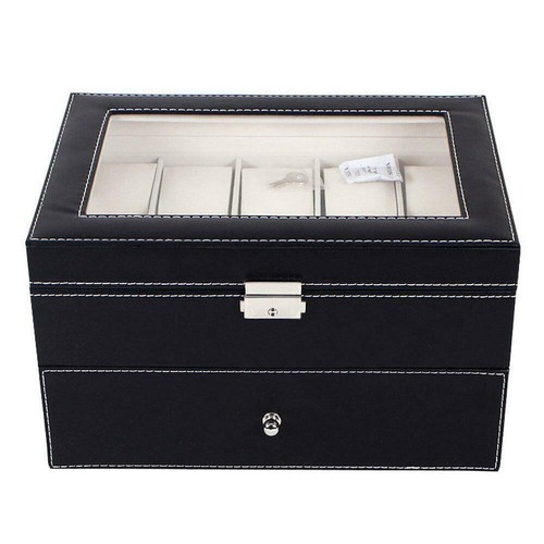 20 Slot Watch Box Leather Display Case Organizer Top Glass Jewelry ...
