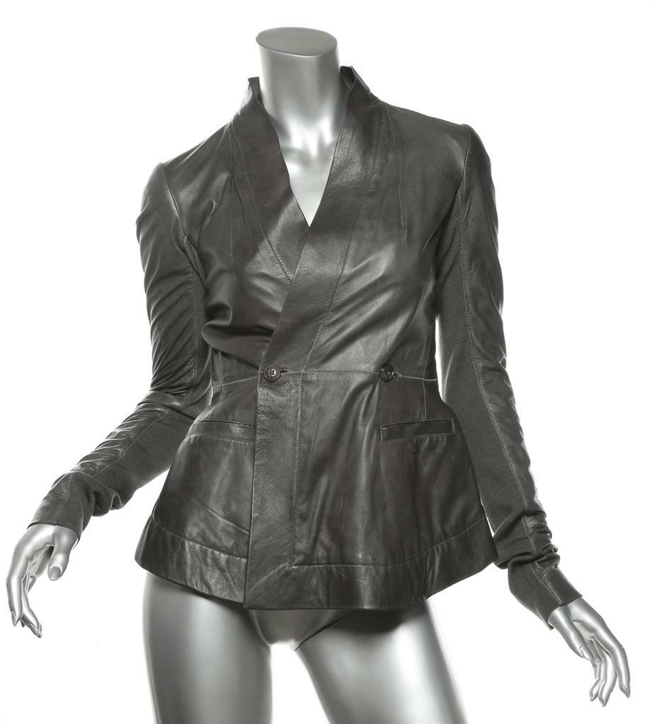 RICK OWENS Gray Soft Leather Princess Button Front Fitted Jacket Coat ...