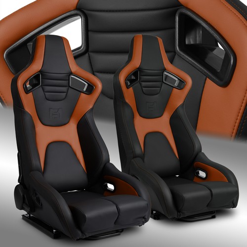 Black+Brown PVC Reclinable Sport Racing Seats Pair W/Slider Left/Right ...