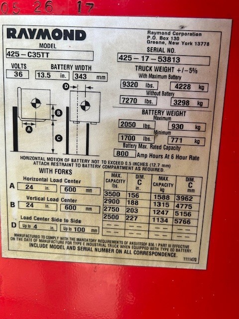 2017 Raymond 425-C35TT 3500 lb Cap. Electric Standup Forklift 3 Stage ...