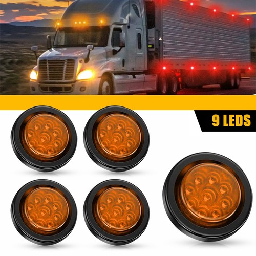5pcs 2" Inch DOT Amber Round Trailer 9 LED Marker Lights w/ Grommet for ...