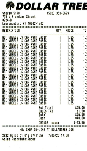 2025 HOT WHEELS Dollar Tree RECEIPT For MAIL-In | eBay