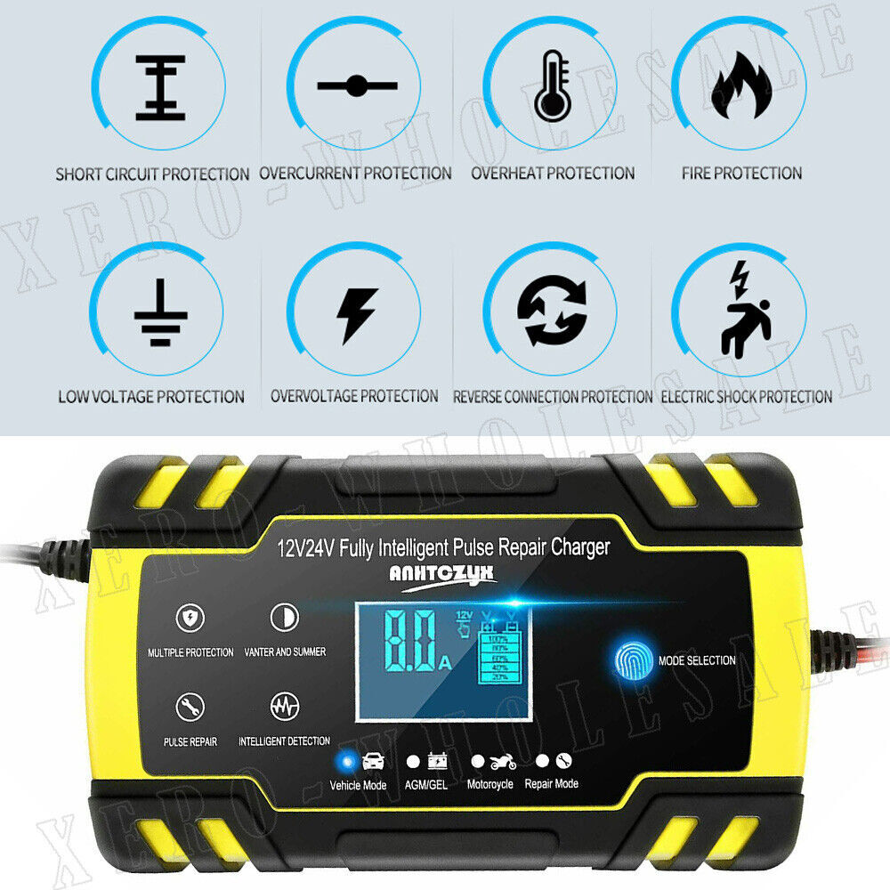 12V/24V LCD Smart Automatic Battery Charger Caravan Motorcycle Truck ...