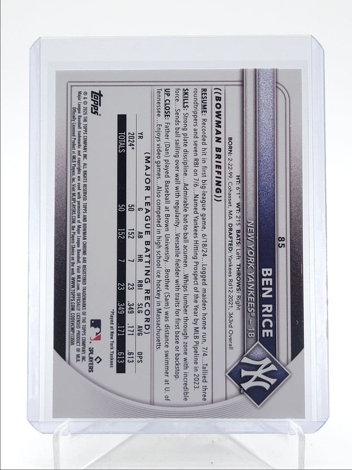 BEN RICE 2025 BOWMAN CHROME ROOKIES RED LOGO REDEMPTION YANKEES RC ...