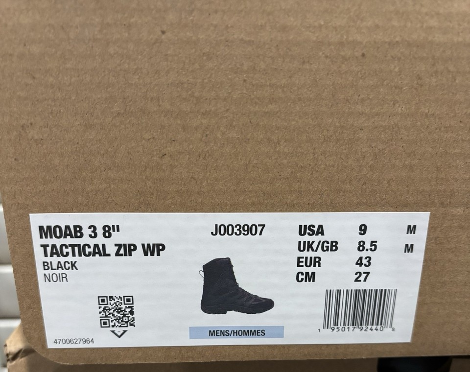 NEW Merrell Moab 3 8" BLACK Tactical Zip Waterproof Boots (Men’s Size 9 ...