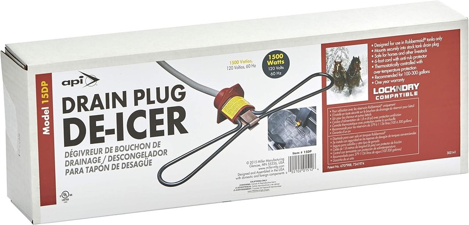 API Stock Tank Water Trough Heater 1500W Pond Drain Plug De-Icer ...