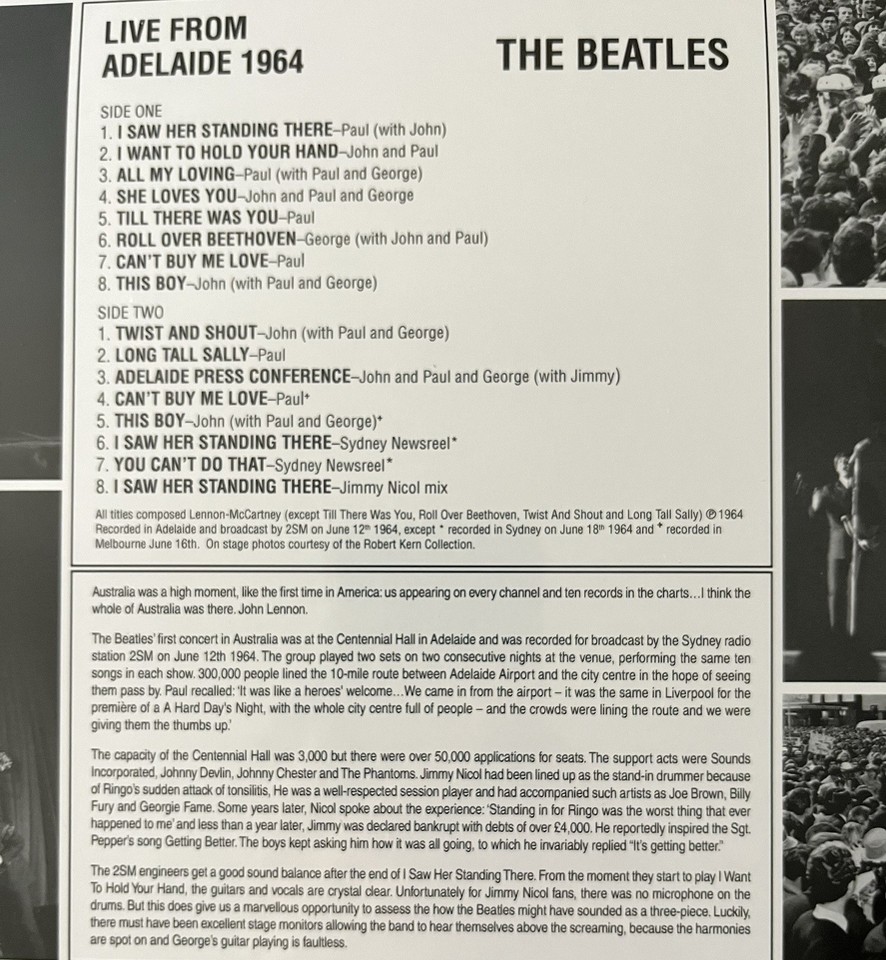 The BEATLES Live From Adelaide 1964 Limited Edition Vinyl LP Ships Now ...