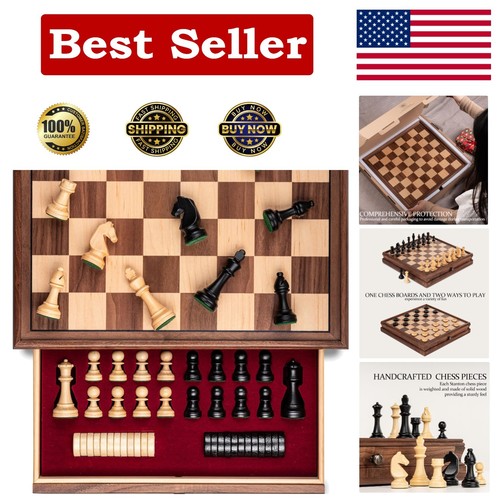 15-Inch Walnut Chess Set with Storage Drawer & Triple Weighted Pieces ...