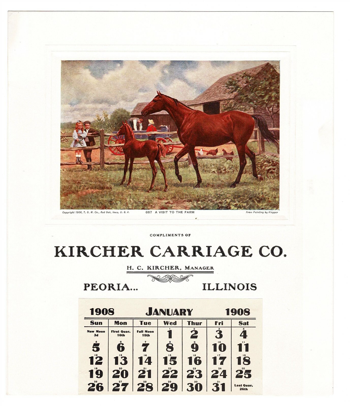 1908 CALENDAR KIRCHER CARRAIGE PEORIA ILLINOIS HORSES & CHILDREN BY ...