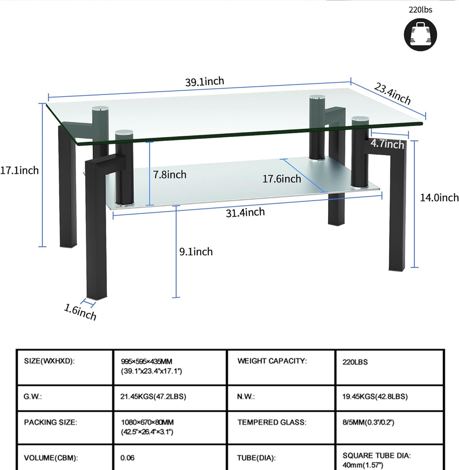 Glass Coffee Table for Living Room, End Table 2-Layer Side Tables with ...