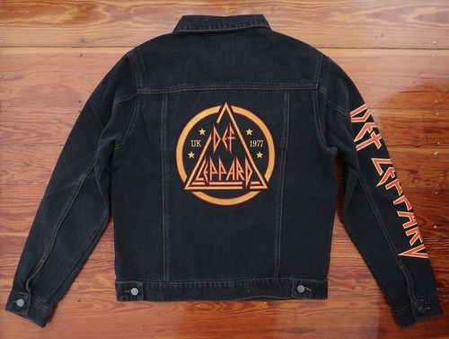 Def Leppard dark gray denim jean jacket blazer graphic patch men's size ...
