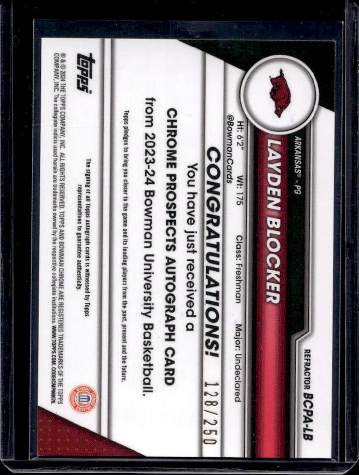 Layden Blocker Arkansas Basketball Topps autograph Auto rookie card ...