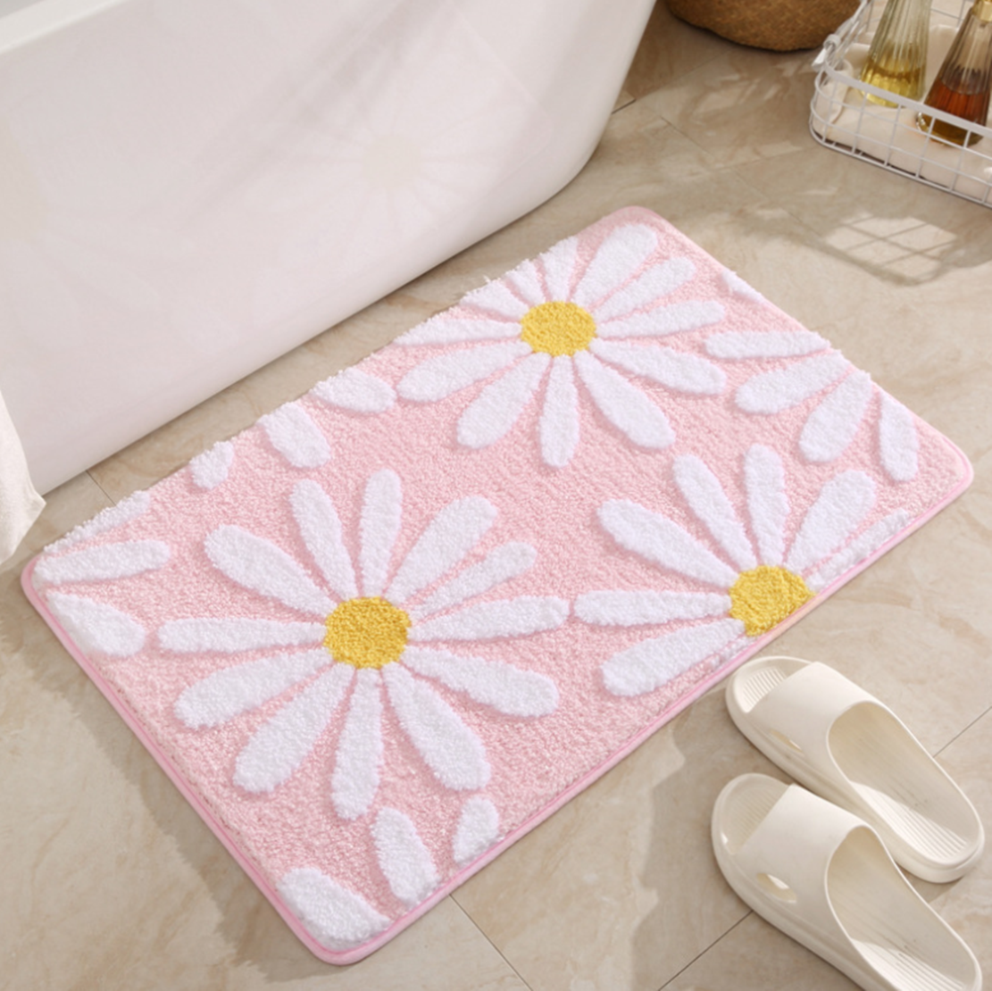 Daisy Bathroom Rug Mat White Flower Bath Rug Fluffy Soft Fiber Rug Pink ...