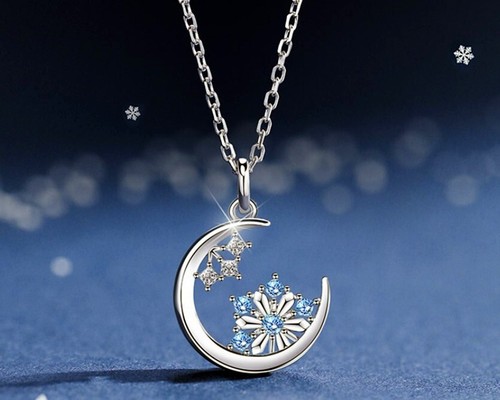 Crystal Snowflake Moon Pendant 925 Sterling Silver Necklace Women ...
