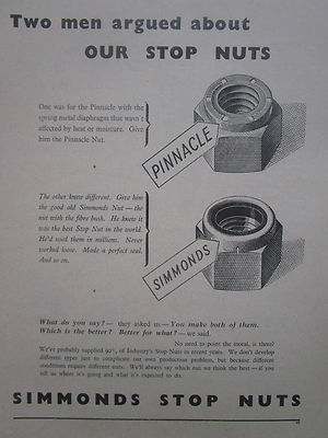 3/1947 PUB SIMMONDS PINNACLE STOP NUTS NUT ECROU VISSERIE AVIATION ORIGINAL AD | eBay