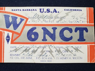 Vintage 1936! Ham Radio Call Letters Santa Barbara CA California 1936 ...