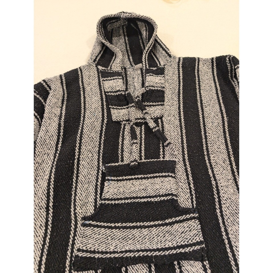 Vintage 1990s Baja Hoodie Black Gray Striped Pullover Drug Rug Sweater ...