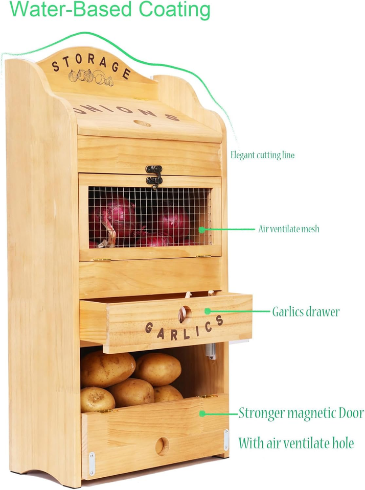 Potato Bin Veggie Organizer Rustic Pine Wood Potato, Onion & Garlic ...