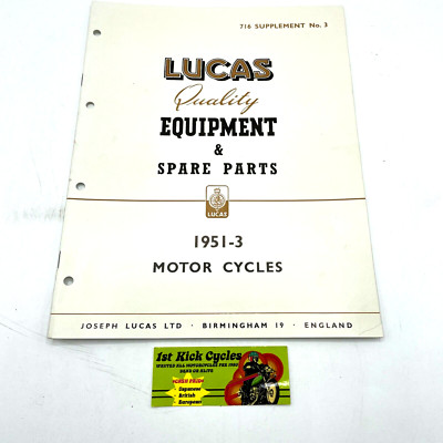 VINTAGE LUCAS 1951-3 716 SUPPLEMENT MOTORCYCLE EQUIPMENT & SPARE PARTS ...