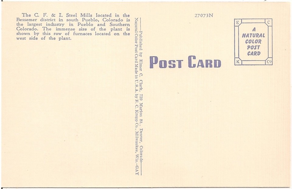 C.F. & I. Steel Mills in Pueblo CO Postcard | eBay