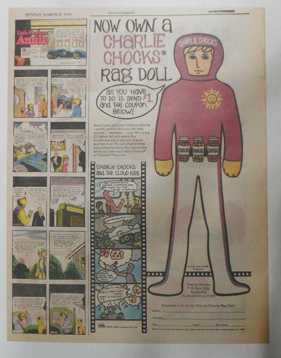 Chocks Vitamins Ad: Charlie Chock Rag Doll Premium! 1970 Size: 11 x 15 ...
