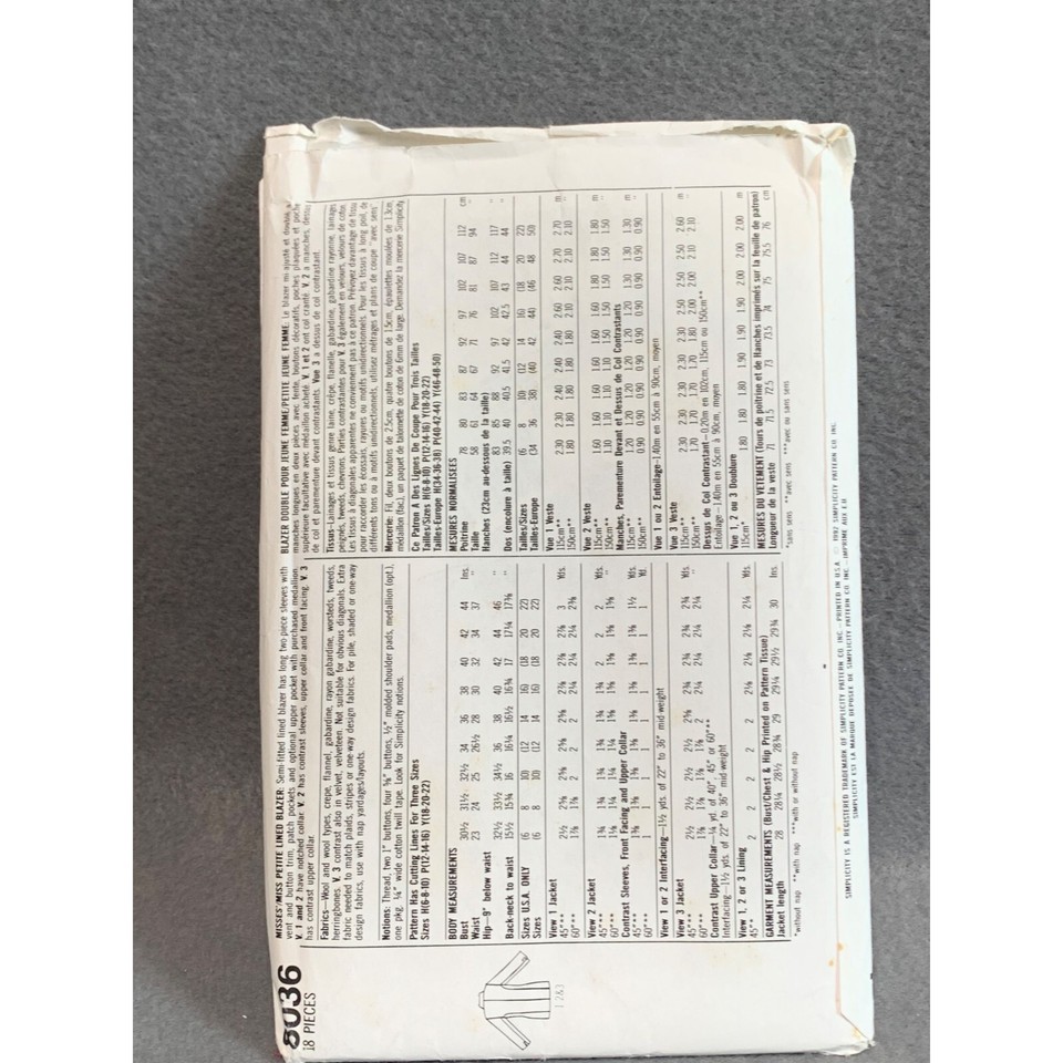 Vintage Simplicity Womens Blazer Sewing Pattern 8036 Size 12-16 | eBay