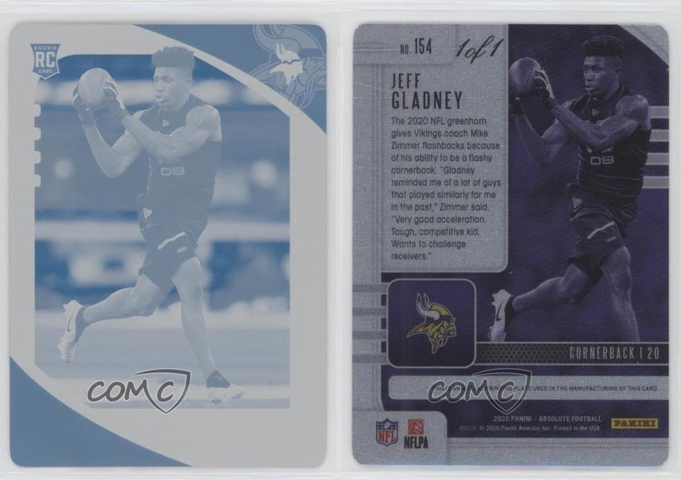 2020 Panini Absolute Printing Plate Cyan 1/1 Jeff Gladney #154 Rookie ...
